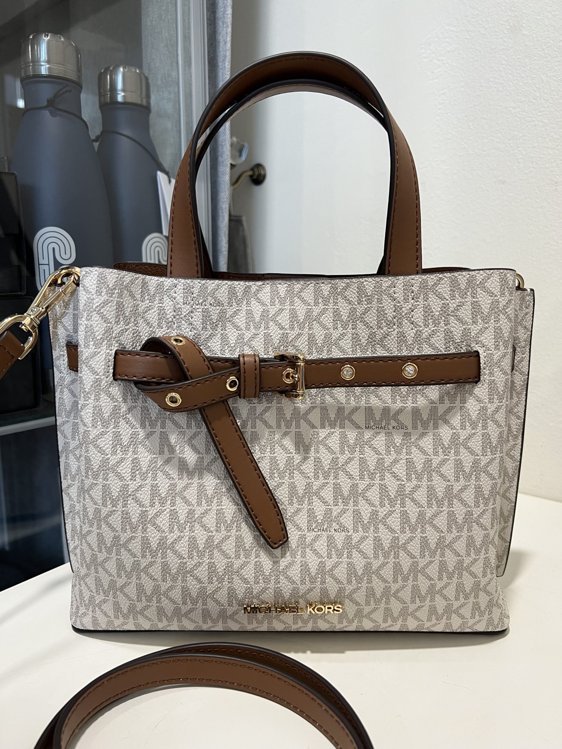 Michael Kors Emilia Small Satchel in Signature Vanilla – Exclusively USA