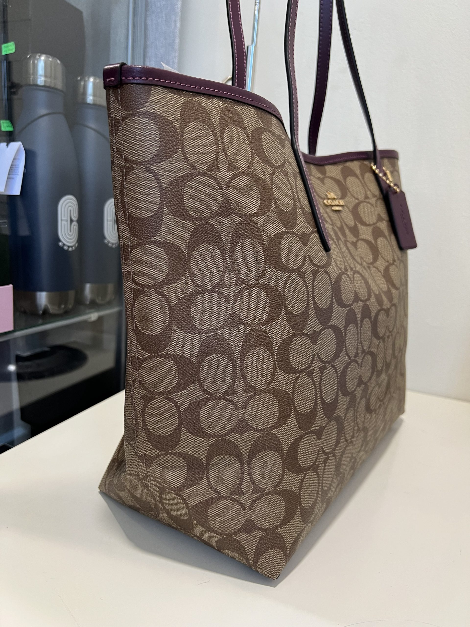 Coach City Tote in Signature Khaki/Boysenberry – Exclusively USA