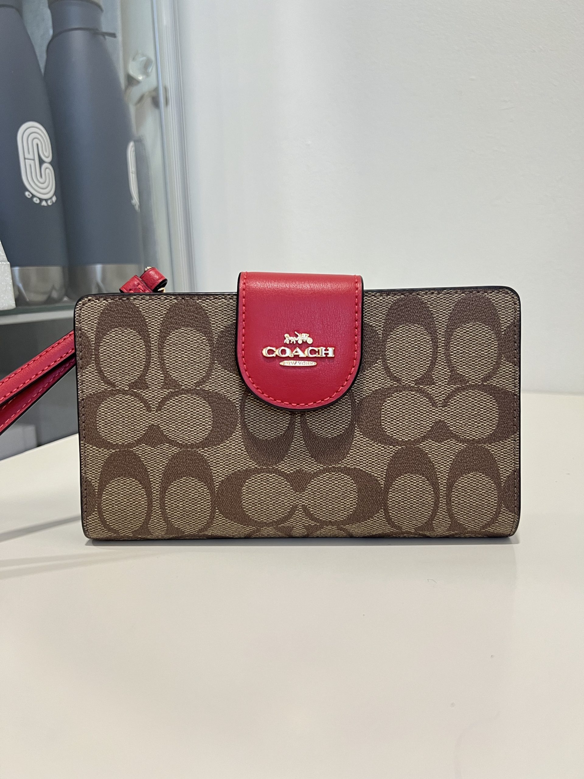 Coach Tech Wallet In Colorblock Signature Khaki Red – Exclusively USA